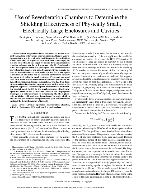 (PDF) Use of Reverberation Chambers to Determine the Shielding Effectiveness of Physically Small ...