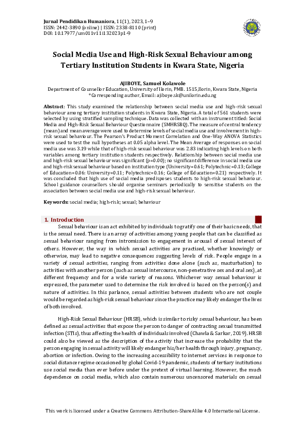(PDF) Social Media Use and High-Risk Sexual Behaviour among Tertiary Institution Students in ...
