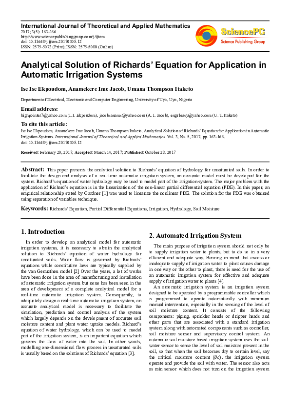(PDF) Analytical Solution of Richards’ Equation for Application in ...