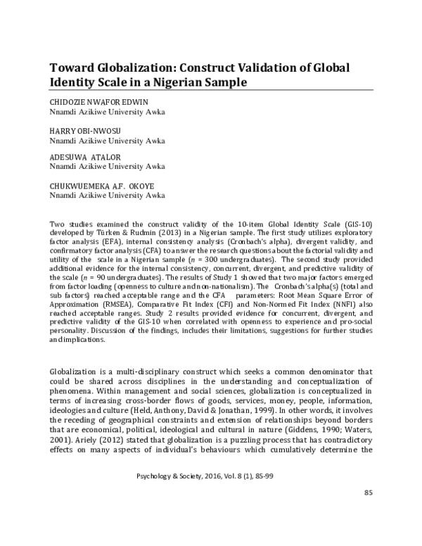 (PDF) Toward Globalization: Construct Validation of Global Identity Scale in a Nigerian Sample