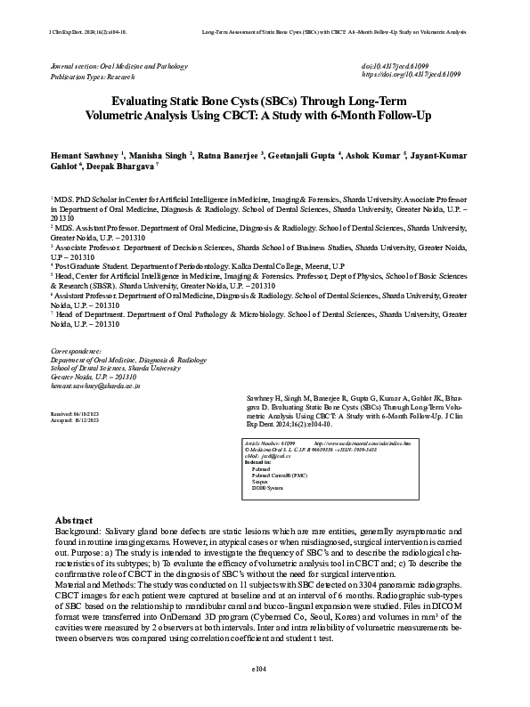 (PDF) Evaluating Static Bone Cysts (SBCs) Through Long-Term Volumetric ...
