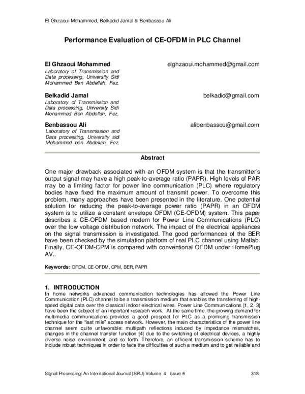 (PDF) Performance Evaluation of CE-OFDM in PLC Channel