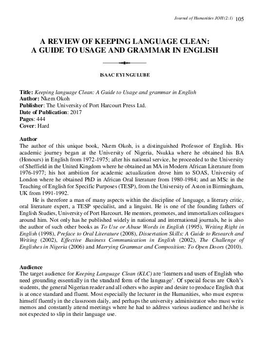 (PDF) A REVIEW OF KEEPING LANGUAGE CLEAN: A GUIDE TO USAGE AND GRAMMAR ...