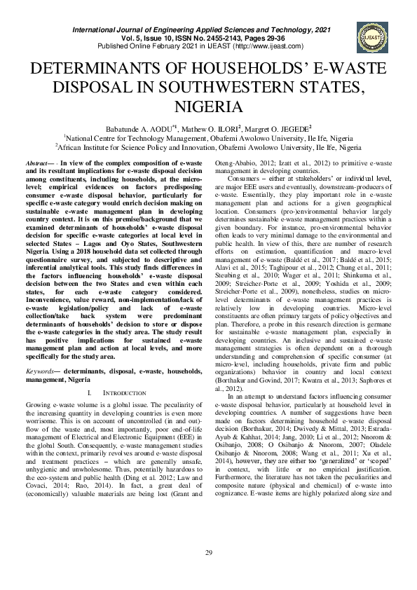 (PDF) Determinants of Households’ E-Waste Disposal in Southwestern ...