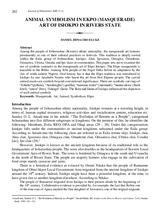 (PDF) ANIMAL SYMBOLISM IN EKPO (MASQUERADE) ART OF ISIOKPO IN RIVERS STATE