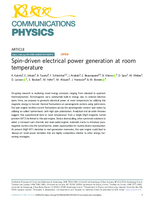 (PDF) Spin-driven electrical power generation at room temperature