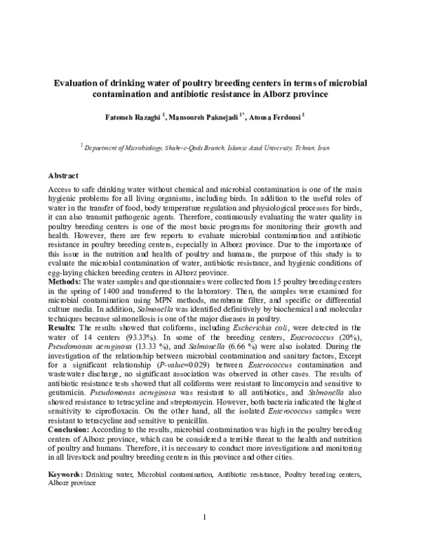 (PDF) Evaluation of drinking water of poultry breeding centers in terms of microbial ...