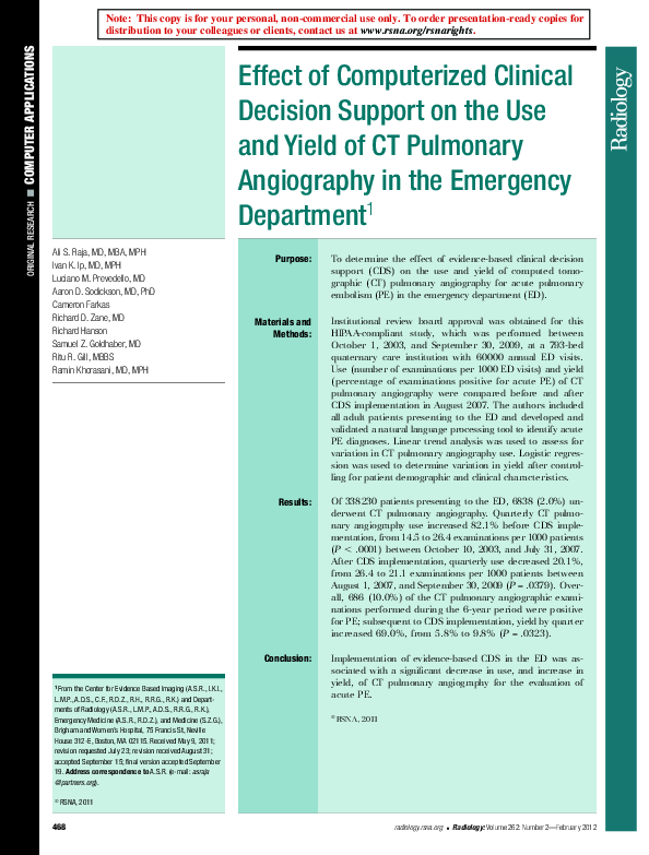 (PDF) Effect of computerized clinical decision support on the use and yield of CT pulmonary ...