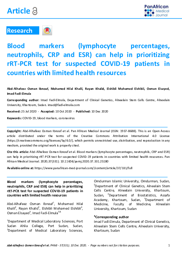 (PDF) Blood markers (lymphocyte percentages, neutrophils, CRP and ESR ...
