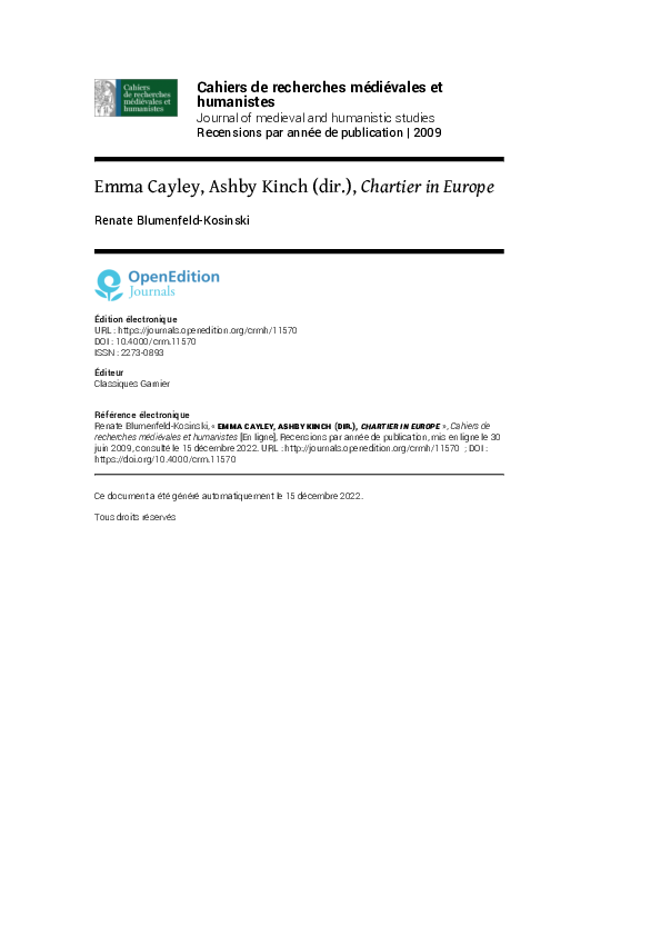 (PDF) Emma Cayley, Ashby Kinch (dir.), Chartier in Europe