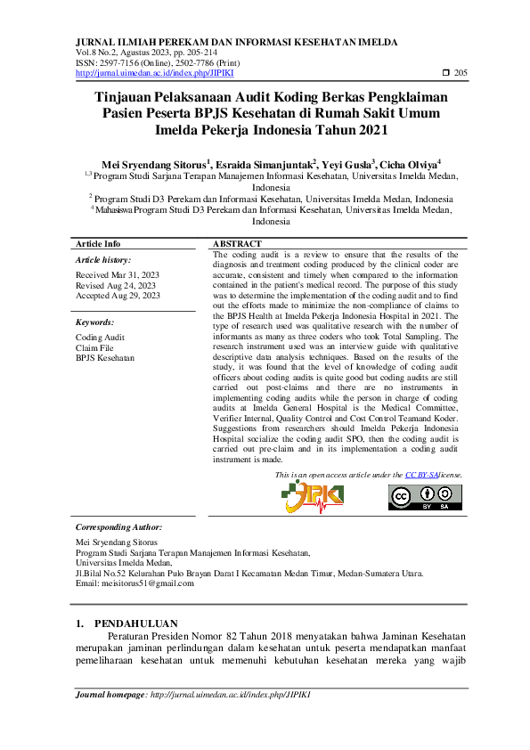 (PDF) Tinjauan Pelaksanaan Audit Koding Berkas Pengklaiman Pasien Peserta BPJS Kesehatan di ...