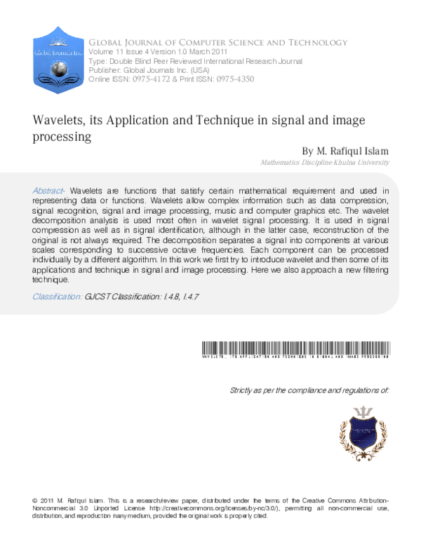 (PDF) Wavelets, its Application and Technique in signal and image processing