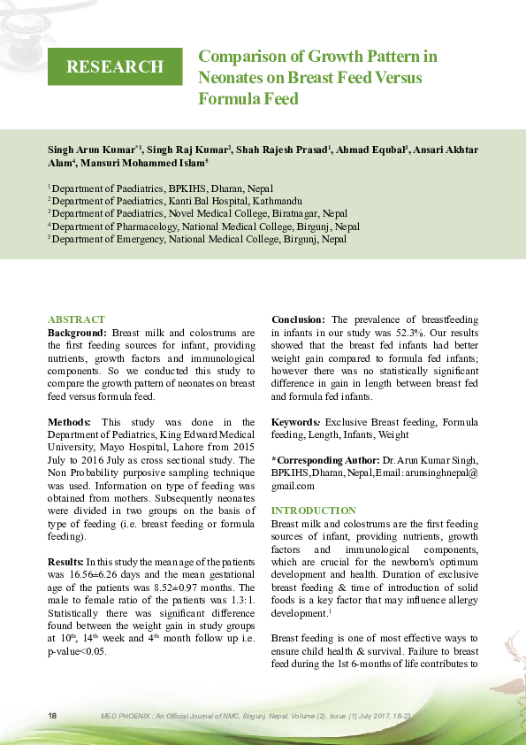 (PDF) Comparison of Growth Pattern in Neonates on Breast Feed Versus ...