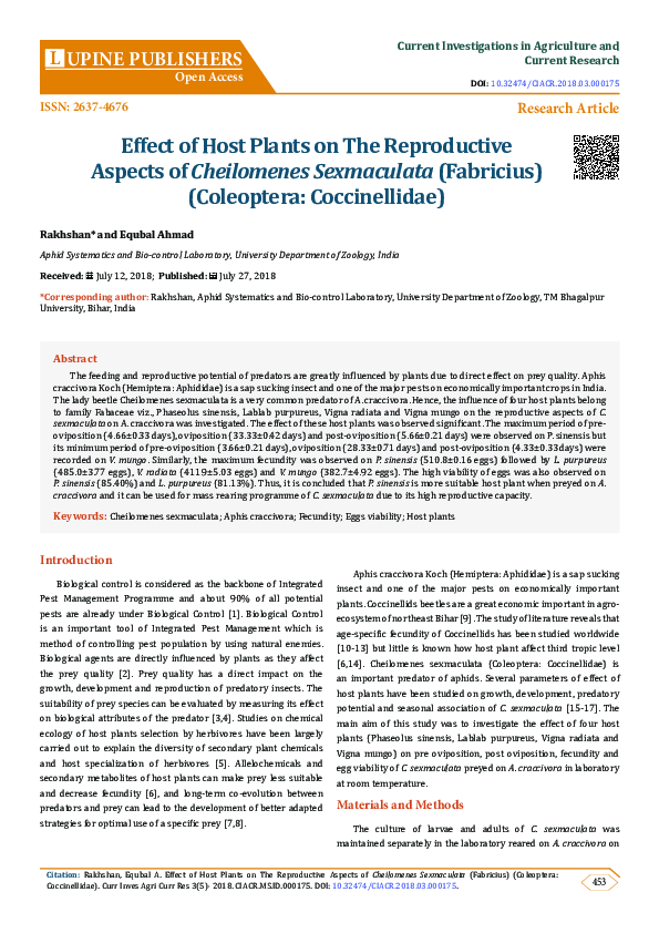 (PDF) Effect of Host Plants on The Reproductive Aspects of Cheilomenes ...