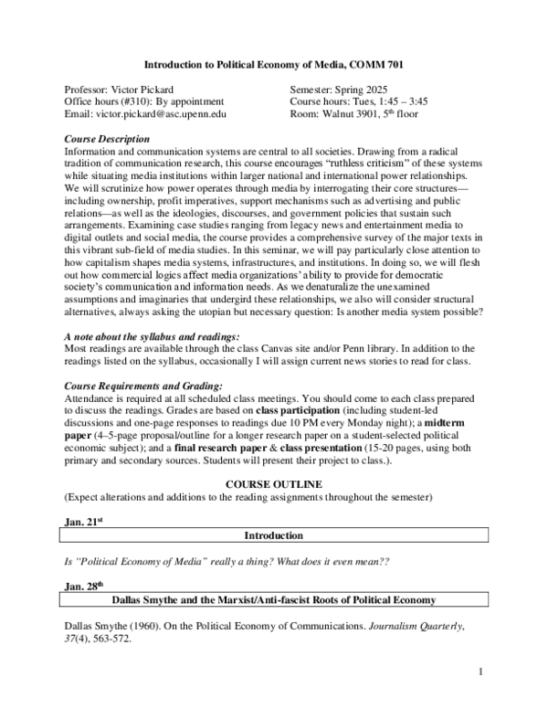 (PDF) Introduction to Political Economy of Media, COMM 701 Professor ...