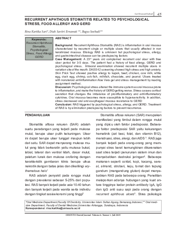 (PDF) Recurrent Aphthous Stomatitis Related to Psychological Stress, Food Allergy and Gerd