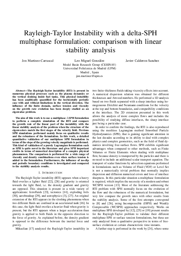 (PDF) Rayleigh-Taylor Instability with a delta-SPH multiphase formulation: comparison with ...