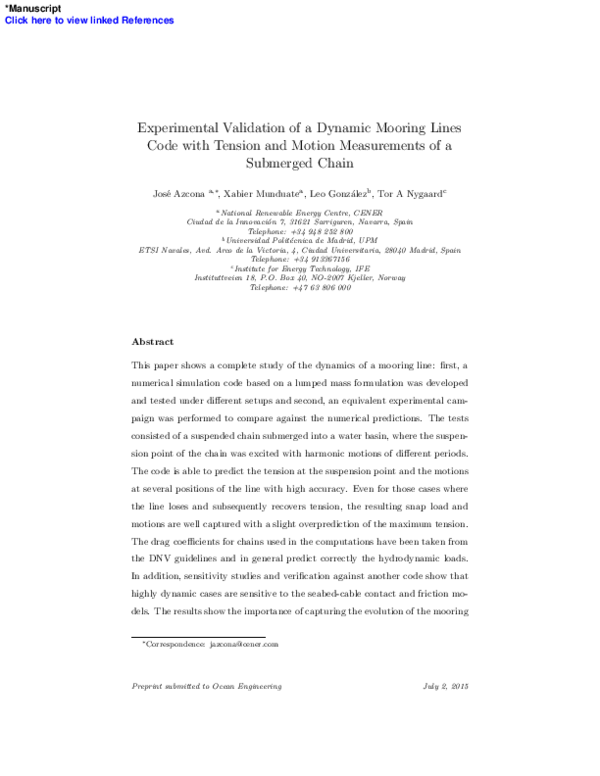 (PDF) Experimental validation of a dynamic mooring lines code with ...