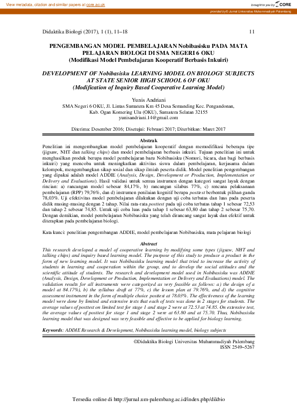 (PDF) PENGEMBANGAN MODEL PEMBELAJARAN Nobibasisku PADA MATA PELAJARAN BIOLOGI DI SMA NEGERI 6 ...