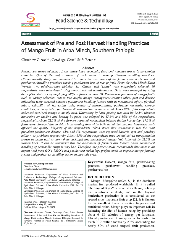 (PDF) Assessment of Pre and Post Harvest Handling Practices of Mango Fruit in Arba Minch ...