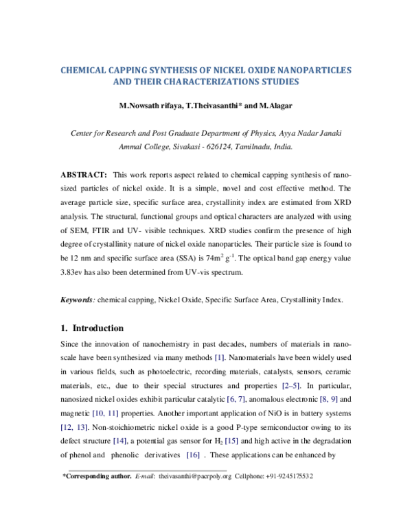 (PDF) Chemical Capping Synthesis of Nickel Oxide Nanoparticles and ...