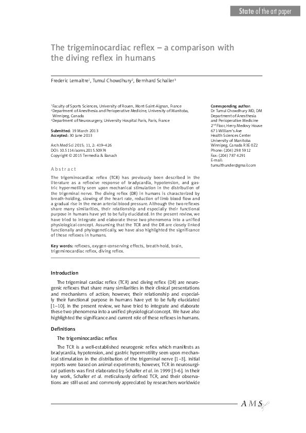 (PDF) State of the art paper The trigeminocardiac reflex – a comparison ...