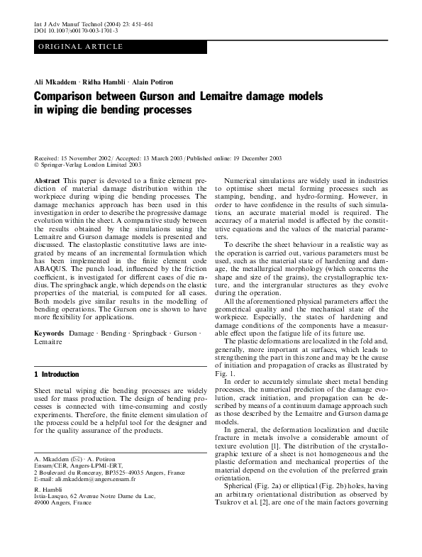 (PDF) Comparison between Gurson and Lemaitre damage models in wiping ...