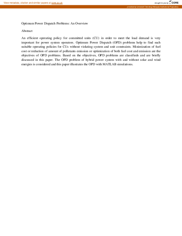 (PDF) Optimum Power Dispatch Problems: An Overview