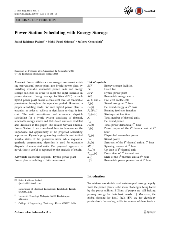 (PDF) Power Station Scheduling with Energy Storage