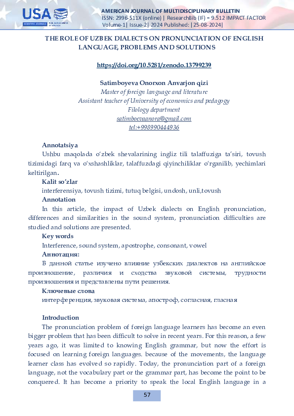 (PDF) THE ROLE OF UZBEK DIALECTS ON PRONUNCIATION OF ENGLISH LANGUAGE ...