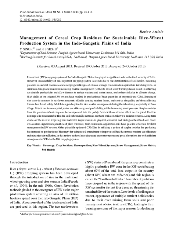 (PDF) Management of Cereal Crop Residues for Sustainable Rice-wheat Production System in the ...