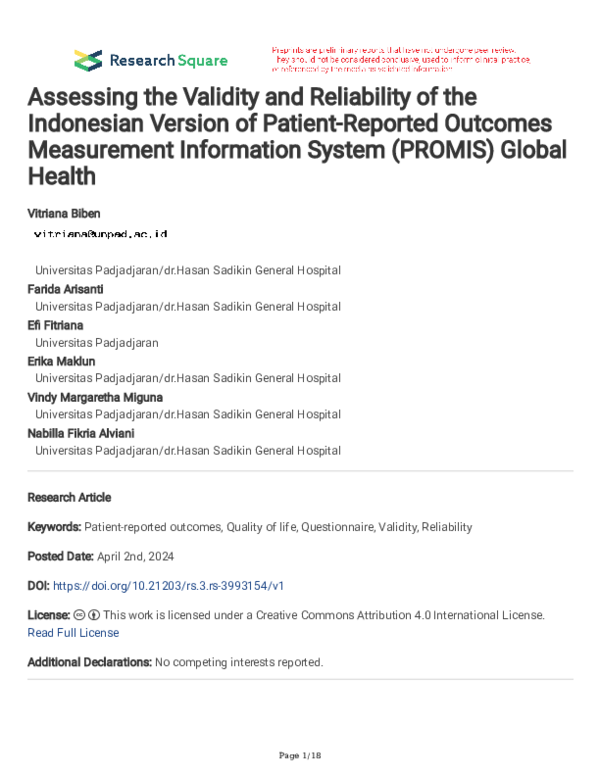 Pdf Assessing The Validity And Reliability Of The Indonesian Version
