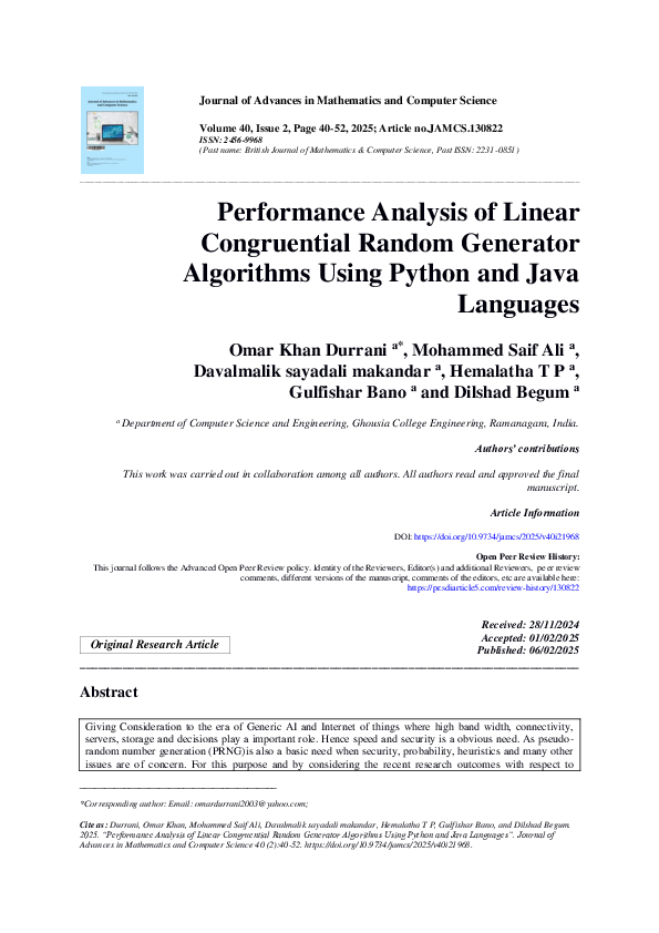 Pdf Performance Analysis Of Linear Congruential Random Generator Algorithms Using Python And