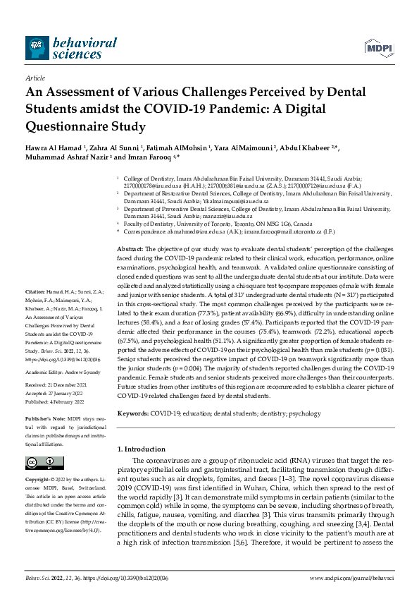 (PDF) An Assessment of Various Challenges Perceived by Dental Students ...