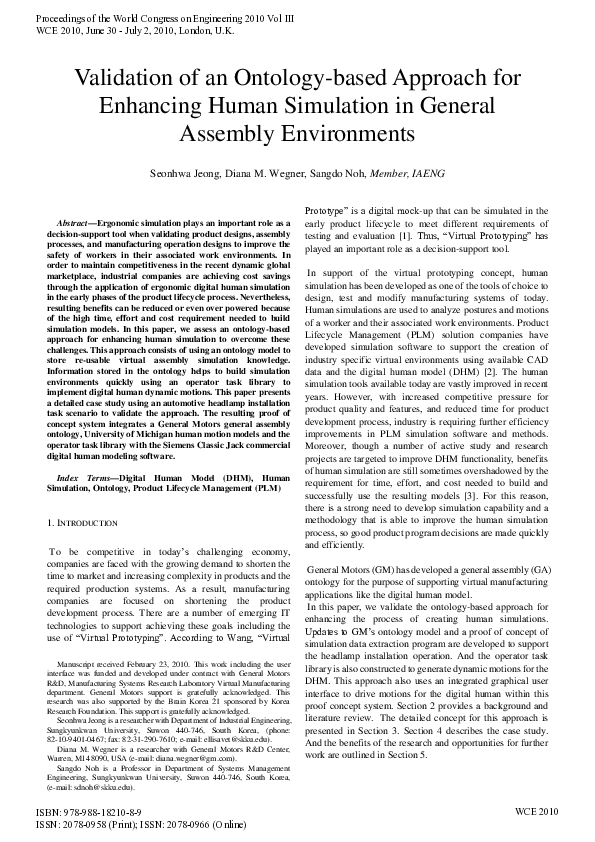 Pdf Validation Of An Ontology Based Approach For Enhancing Human Simulation In General