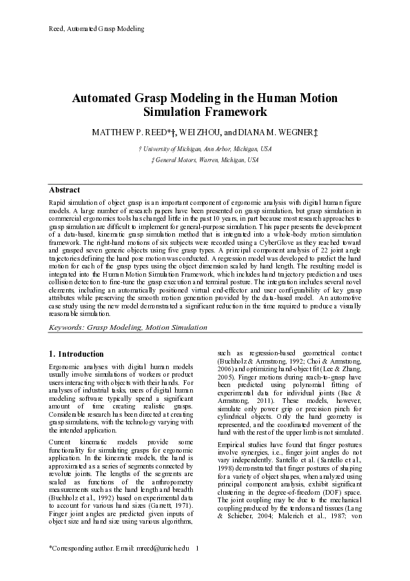 (PDF) Automated Grasp Modeling in the Human Motion Simulation Framework