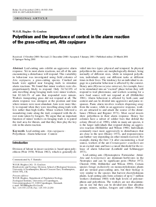 (PDF) Polyethism and the importance of context in the alarm reaction of ...