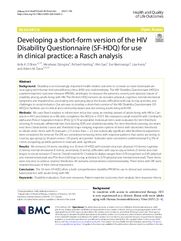 (PDF) Developing a short-form version of the HIV Disability ...