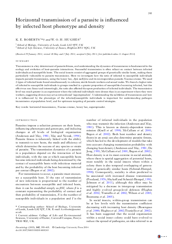 (PDF) Horizontal transmission of a parasite is influenced by infected ...