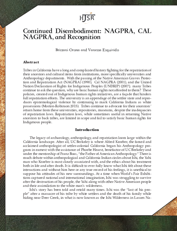 (PDF) Continued Disembodiment: NAGPRA, CAL NAGPRA, and Recognition