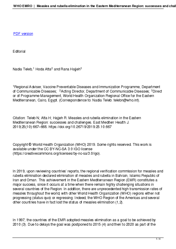(PDF) WHO EMRO | Measles and rubella elimination in the Eastern ...