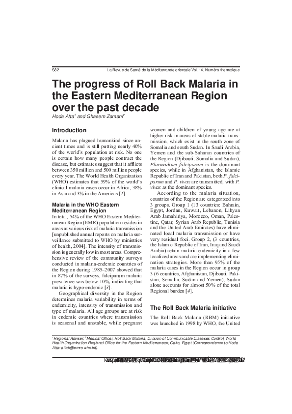 (PDF) The progress of Roll Back Malaria in the Eastern Mediterranean Region over the past decade