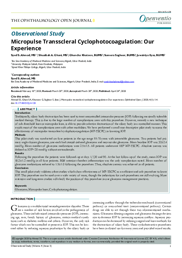 (PDF) Micropulse Transscleral Cyclophotocoagulation: Our Experience
