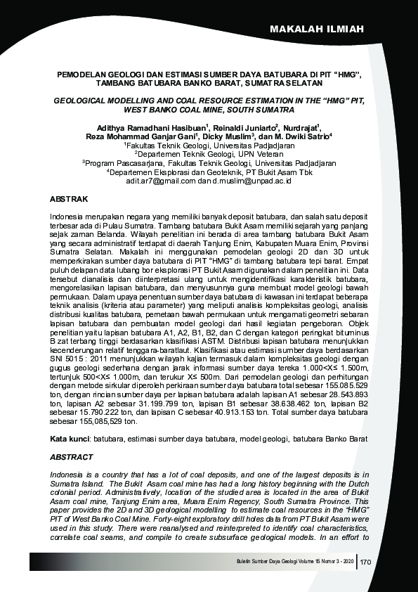 (PDF) Pemodelan Geologi Dan Estimasi Sumber Daya Batubara DI Pit “Hmg ...