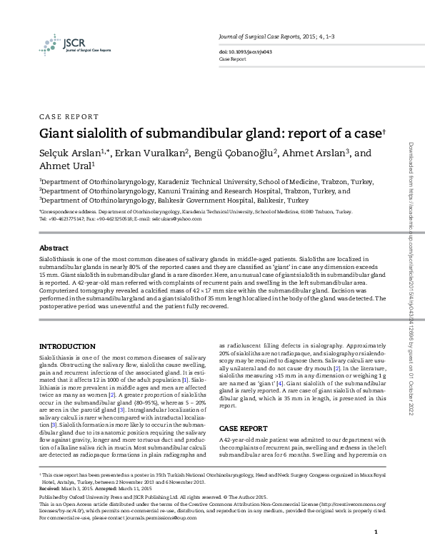 (PDF) Giant sialolith of submandibular gland: report of a case†