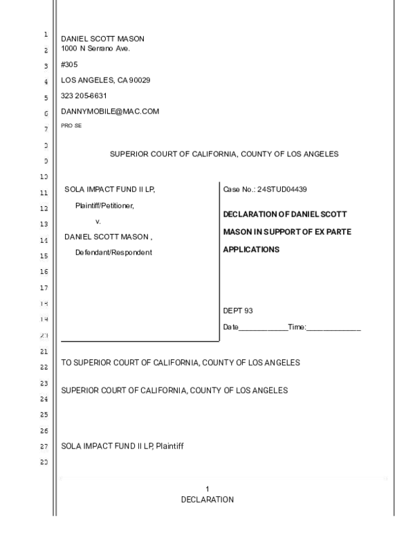 (PDF) DECLARATION OF DANIEL SCOTT MASON IN SUPPORT OF EX PARTE APPLICATIONS