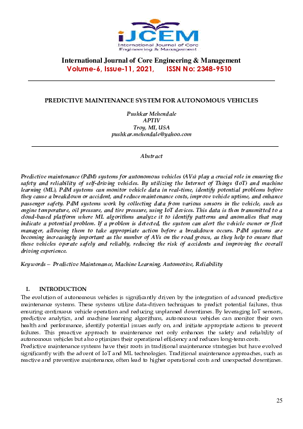 (PDF) Predictive Maintenance System For Autonomous Vehicles