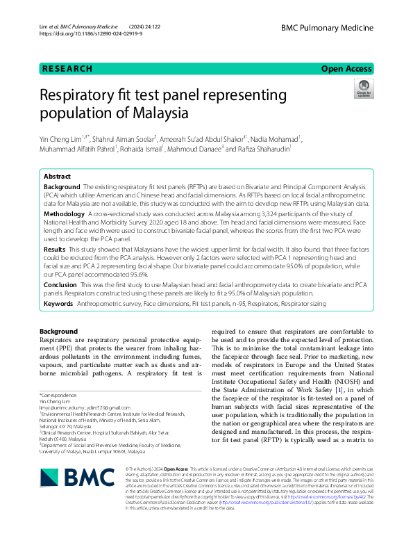 (PDF) Respiratory fit test panel representing population of Malaysia