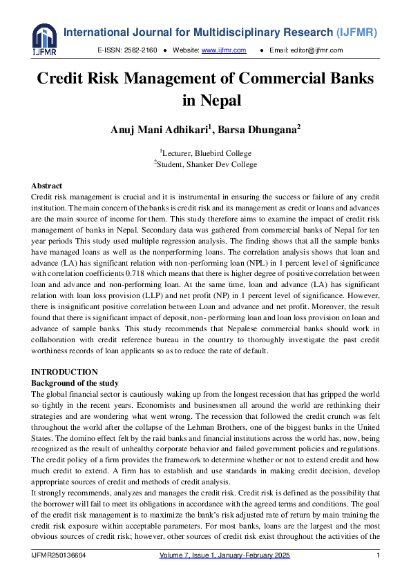 (PDF) CREDIT RISK MANAGEMENT OF COMMERCIAL BANKS IN