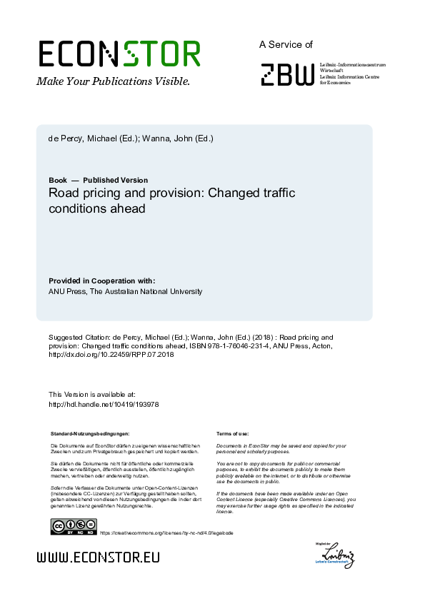 (PDF) Road Pricing and Provision: Changed Traffic Conditions Ahead